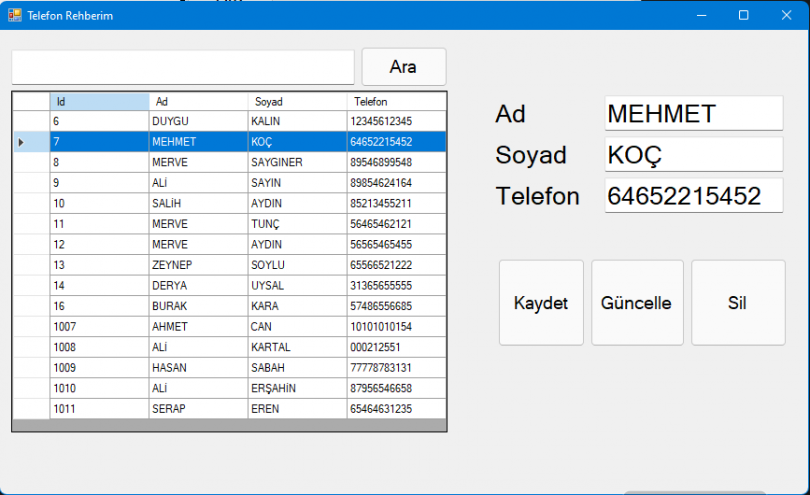 C# Telefon Rehberi Örneği – Veritabanı Bağlantı – Bilişim & Programlama